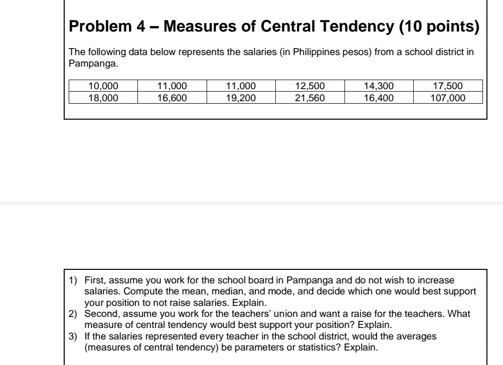 Solved Problem 4 - Measures of Central Tendency (10 points) | Chegg.com