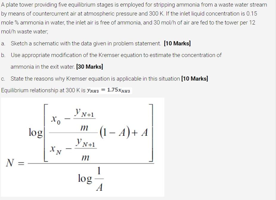 Solved A plate tower providing five equilibrium stages is | Chegg.com