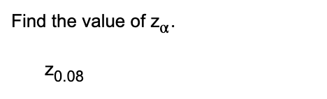 Solved Find the value of zα. z0.08 | Chegg.com