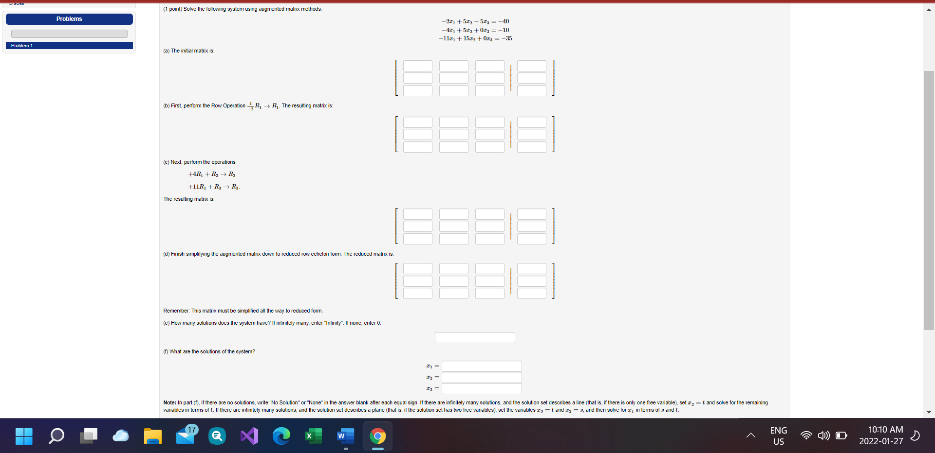 Solved (1 point) Solve the following system using augmented | Chegg.com