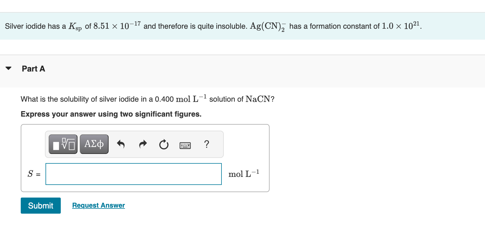 Solved Silver iodide has a Ksp of 8.51×10−17 and therefore | Chegg.com