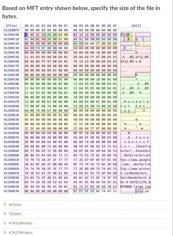 Based on MFT entry shown below, specify the size of | Chegg.com
