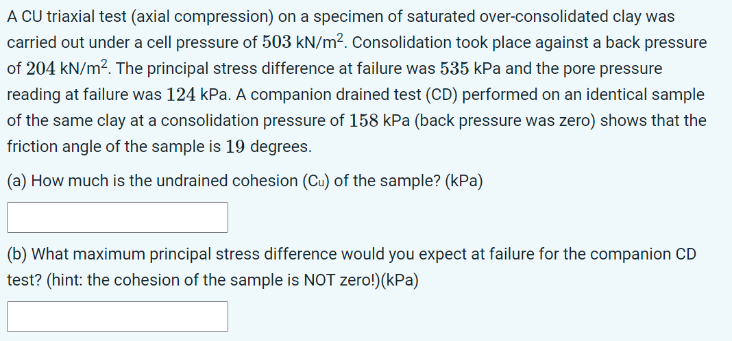 Solved A CU triaxial test (axial compression) on a specimen | Chegg.com