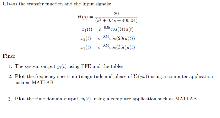 Solved Given the transfer function and the input signals: | Chegg.com