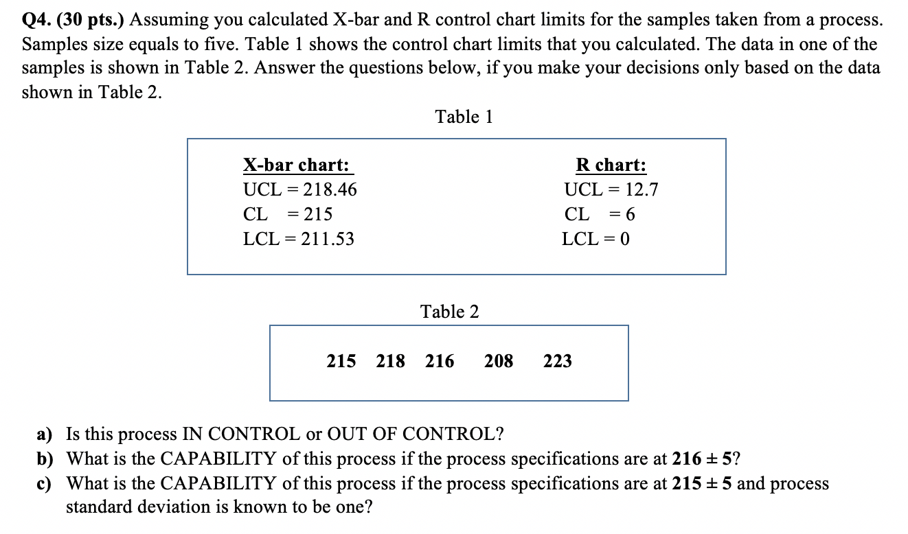 Solved Q4. (30 pts.) Assuming you calculated X-bar and R | Chegg.com