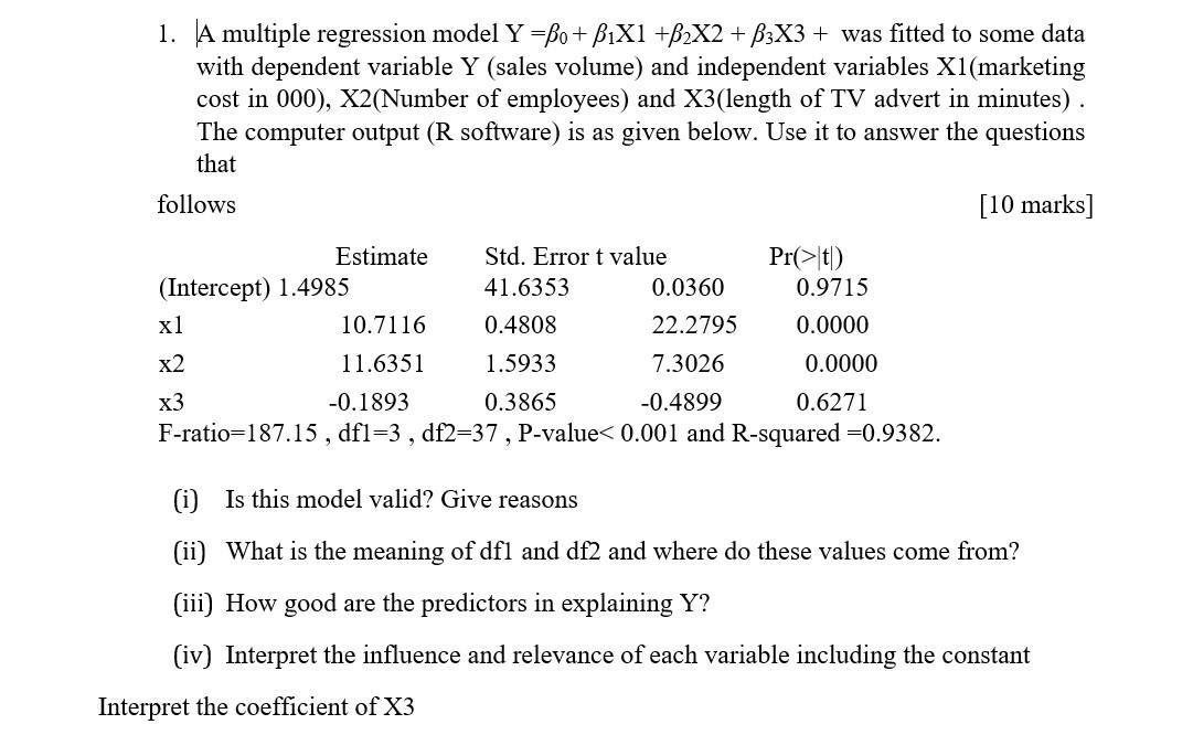 Solved 1. A multiple regression model Y =Bo+B1X1 +32X2 + | Chegg.com