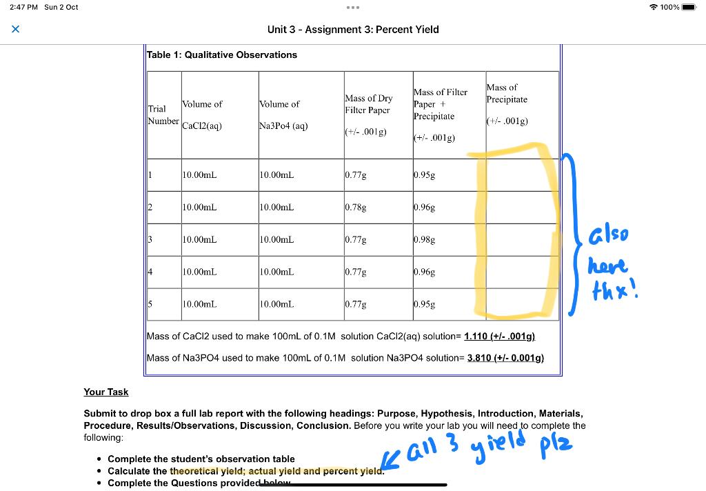 Unit 3 - Assianment 3: Percent Yield Your Task Submit | Chegg.com