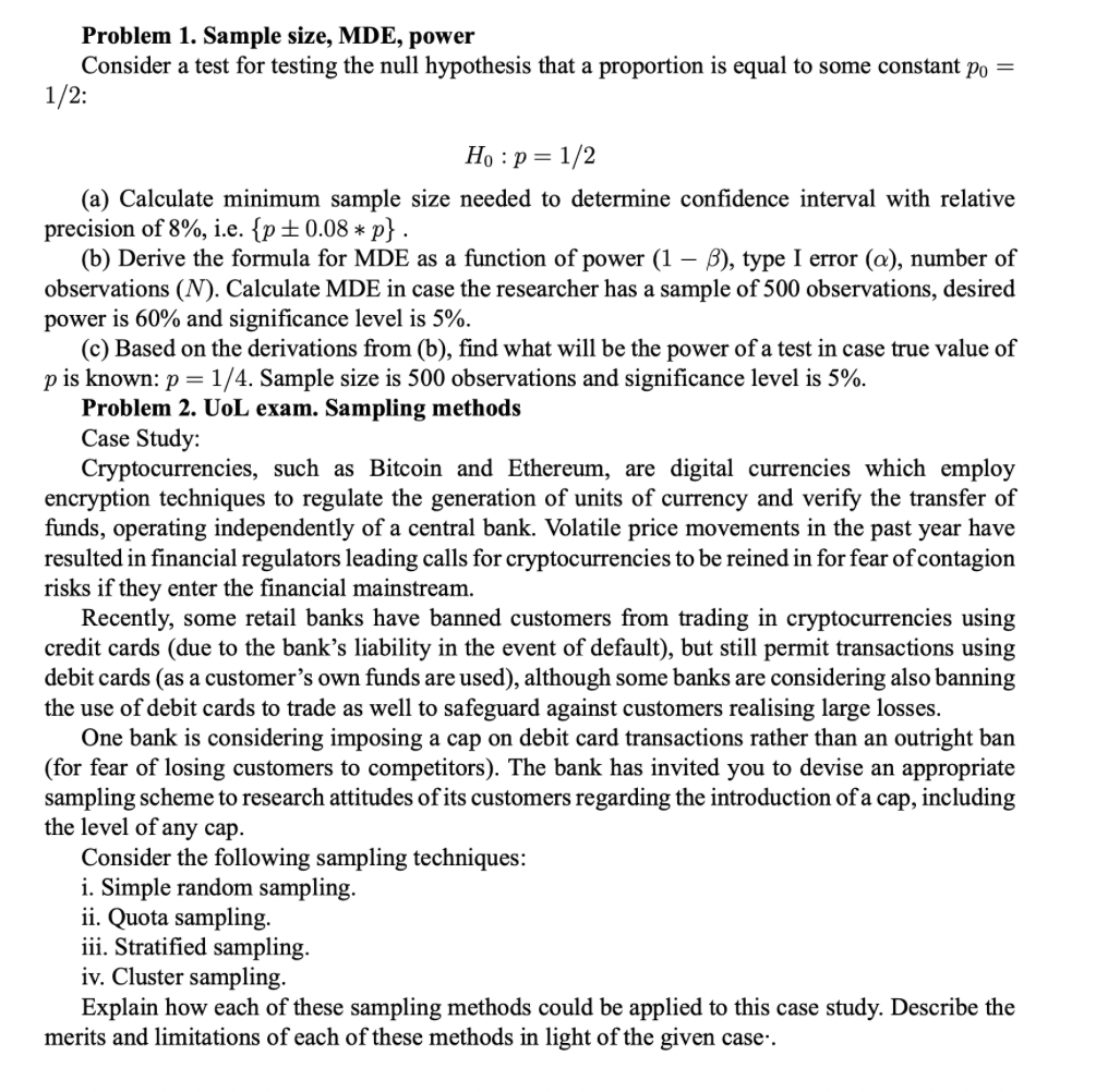 Solved Problem 1. ﻿Sample size, MDE, powerConsider a test | Chegg.com