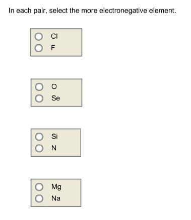 Solved In each pair, select the more electronegative | Chegg.com