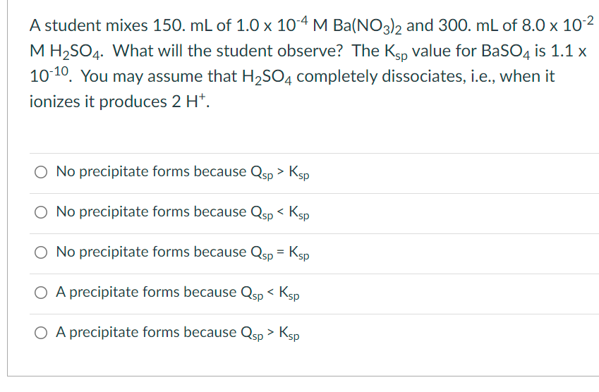 Solved A student mixes 150. mL of 1.0 x 10-4 M Ba(NO3)2 and | Chegg.com