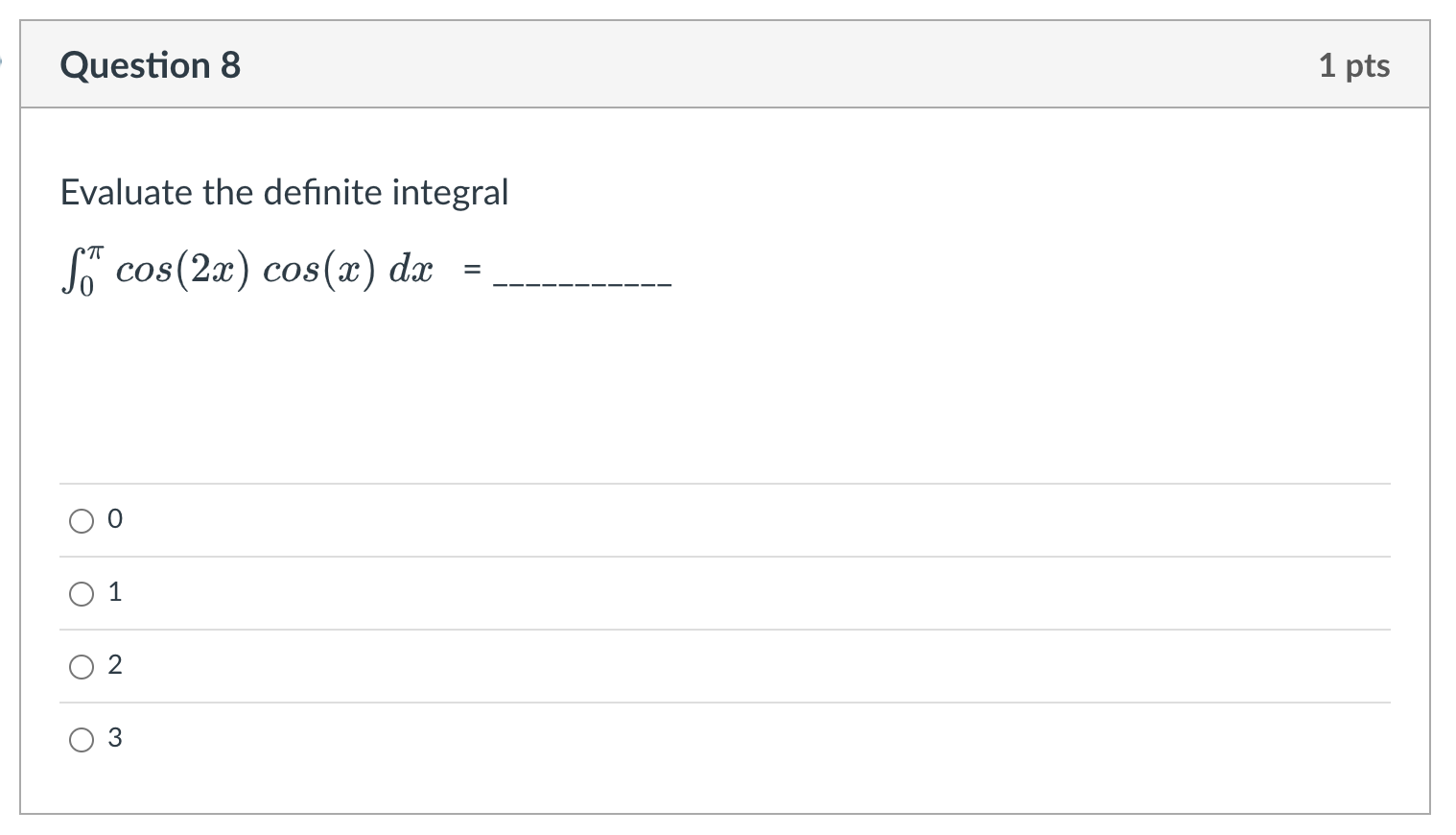 Solved Evaluate the definite integral ∫0πcos(2x)cos(x)dx= 0 | Chegg.com