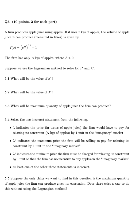 Solved Q5 10 Points 2 For Each Part A Firm Produces 