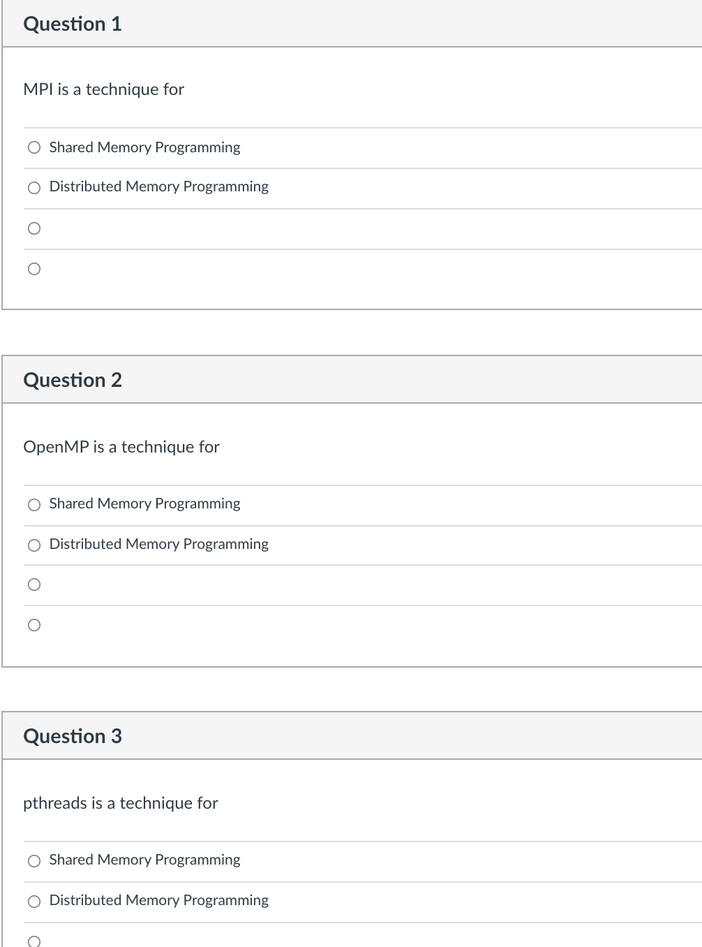Solved Question 1 MPI is a technique for O Shared Memory | Chegg.com