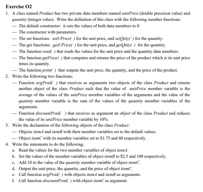 Solved 1. A class named Product has two private data members | Chegg.com