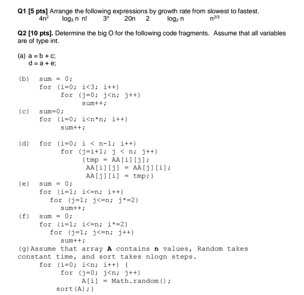 Solved Q1 [5 pts] Arrange the following expressions by | Chegg.com