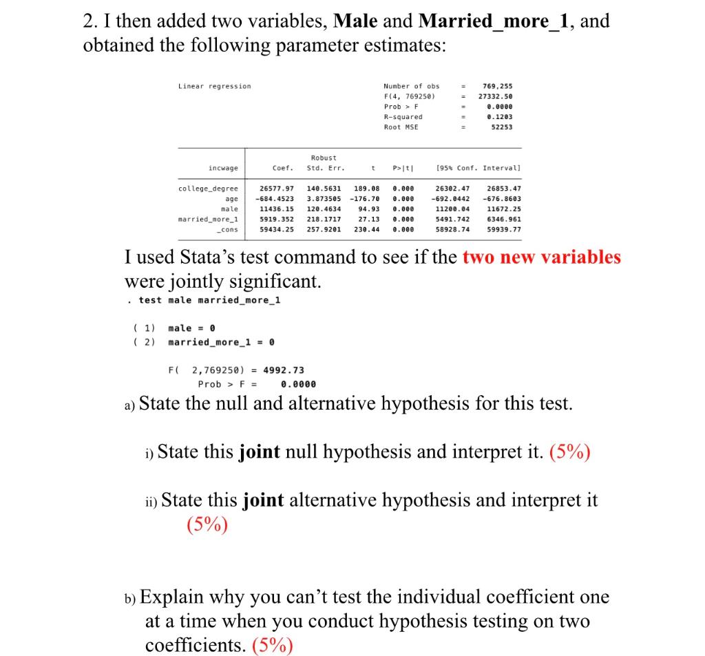 Solved 2. I then added two variables, Male and | Chegg.com