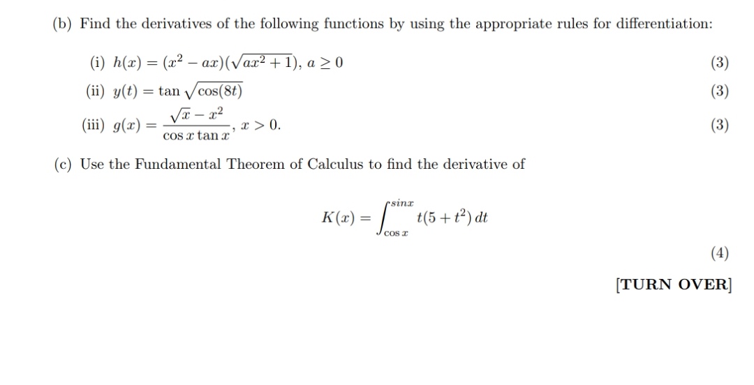 Solved (b) Find the derivatives of the following functions | Chegg.com