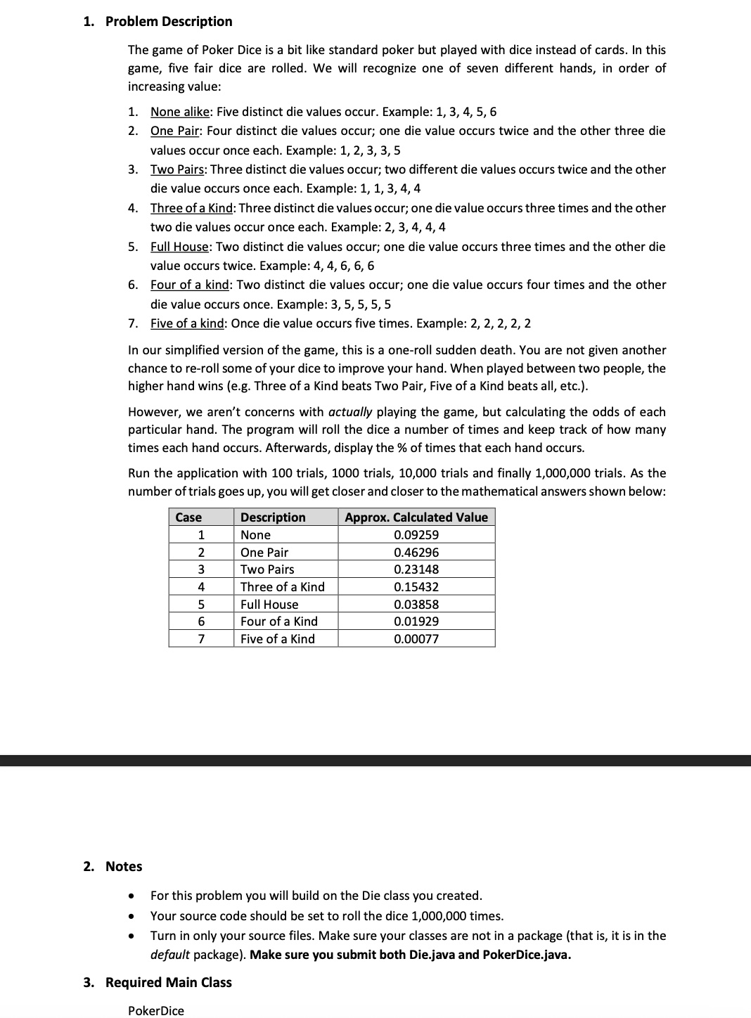 Solved 1. Problem Description The game of Poker Dice is a | Chegg.com