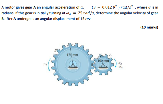 Solved A motor gives gear A an angular acceleration of aA = | Chegg.com