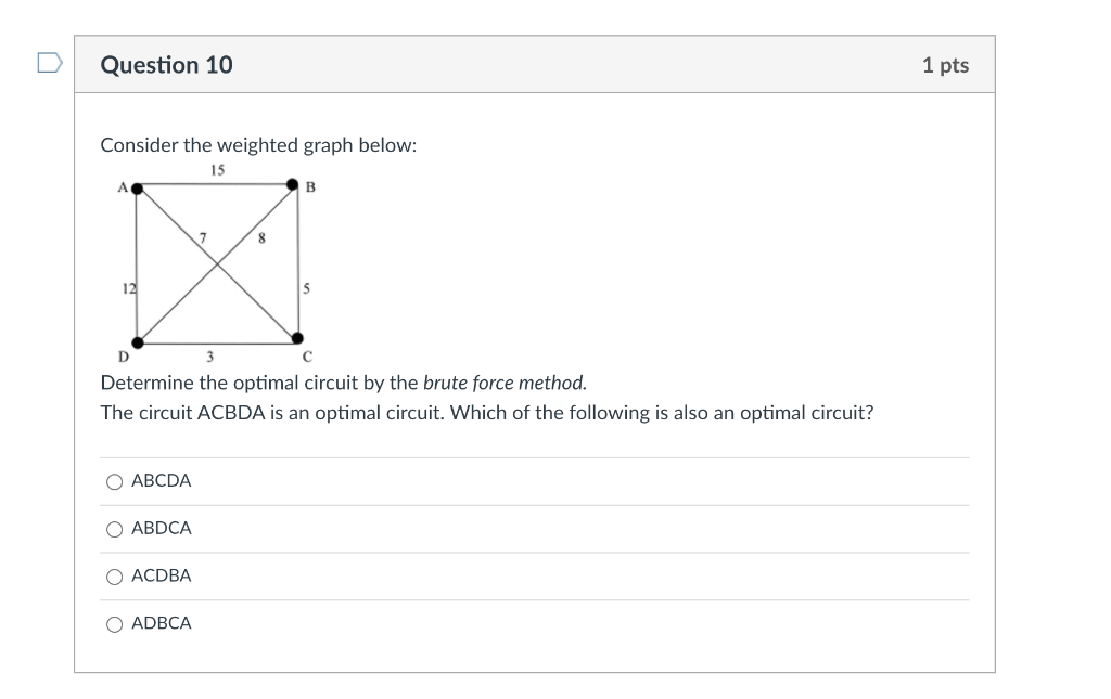 Solved Question 10 1 pts Consider the weighted graph below: | Chegg.com