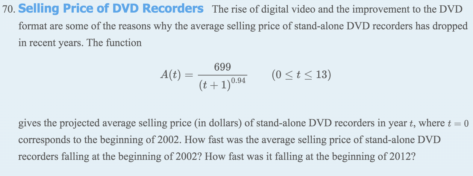 Solved 70. Selling Price of DVD Recorders The rise of | Chegg.com