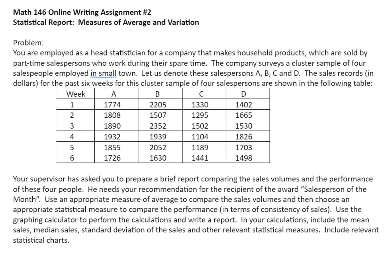 Solved Math 146 ﻿Online Writing Assignment #2Statistical | Chegg.com