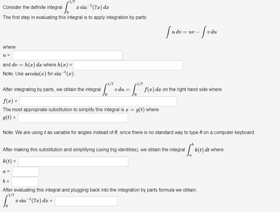 Solved 1/7 Consider the definite integralſ" sin^(7a) dr The | Chegg.com
