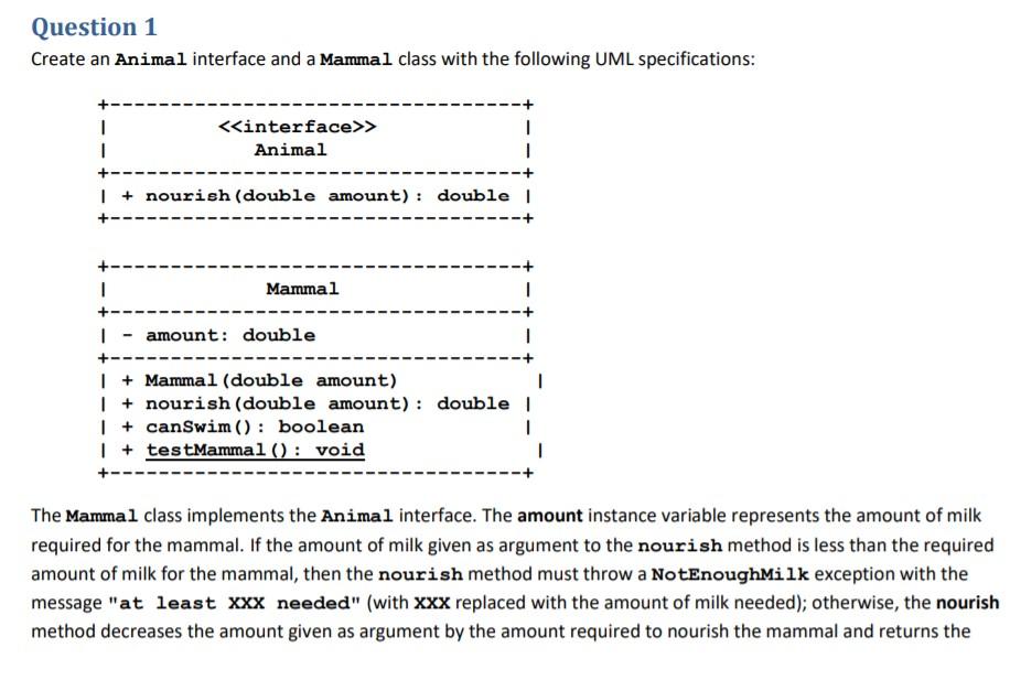 Solved Question 1 Create an Animal interface and a Mammal | Chegg.com