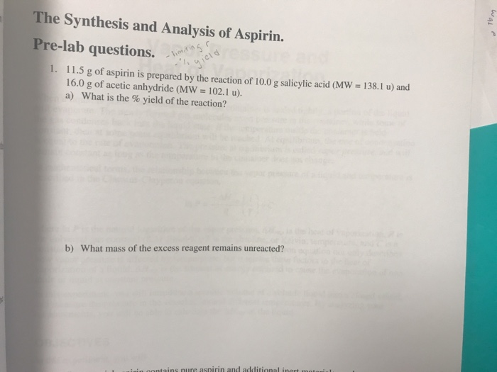 Solved The Synthesis and Analysis of Aspirin. Pre-lab | Chegg.com