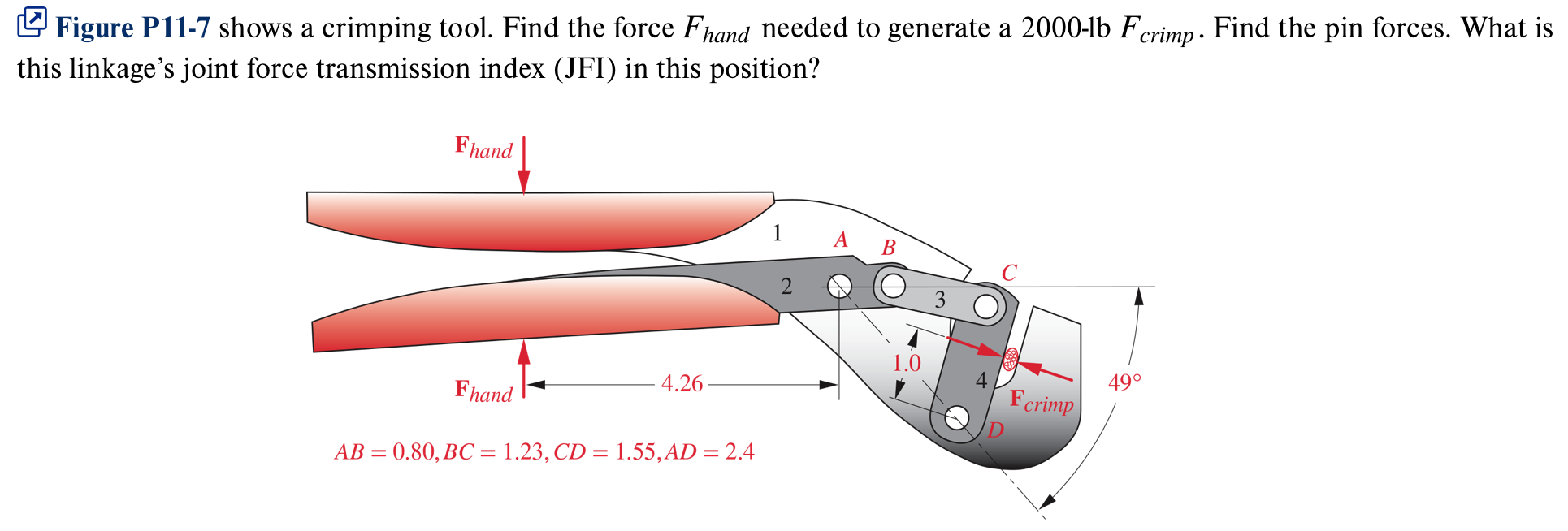 Solved F Figure P11-7 shows a crimping tool. Find the force | Chegg.com