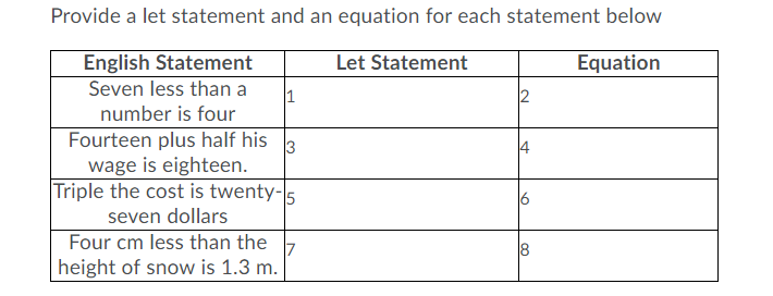 Solved Provide a let statement and an equation for each | Chegg.com