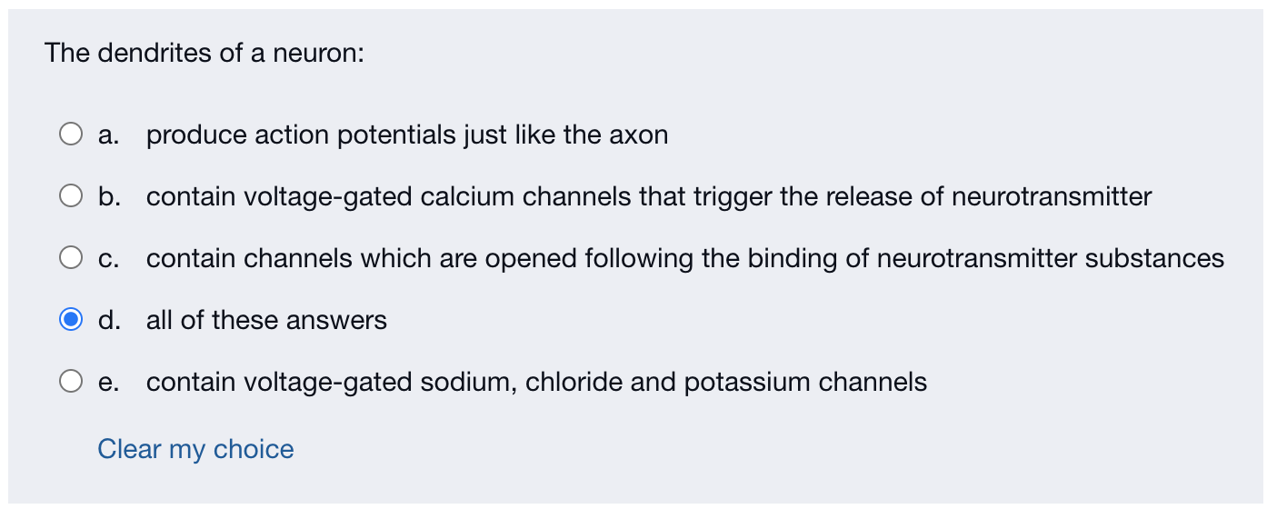 Solved The dendrites of a neuron: a. produce action | Chegg.com
