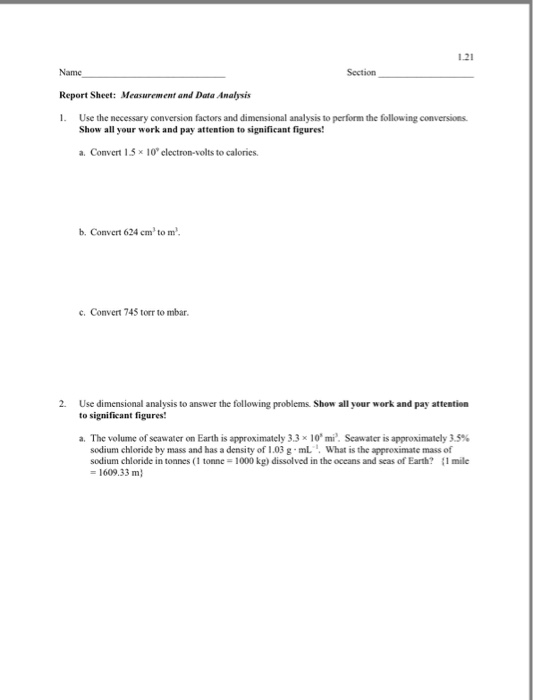 Solved 1.21 Section Name Report Sheet: Measurement and Data | Chegg.com