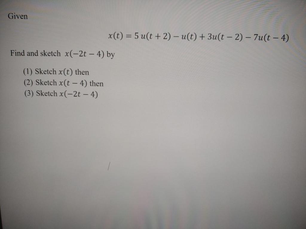 Solved Given x(t)=5u(t+2)−u(t)+3u(t−2)−7u(t−4) Find and | Chegg.com