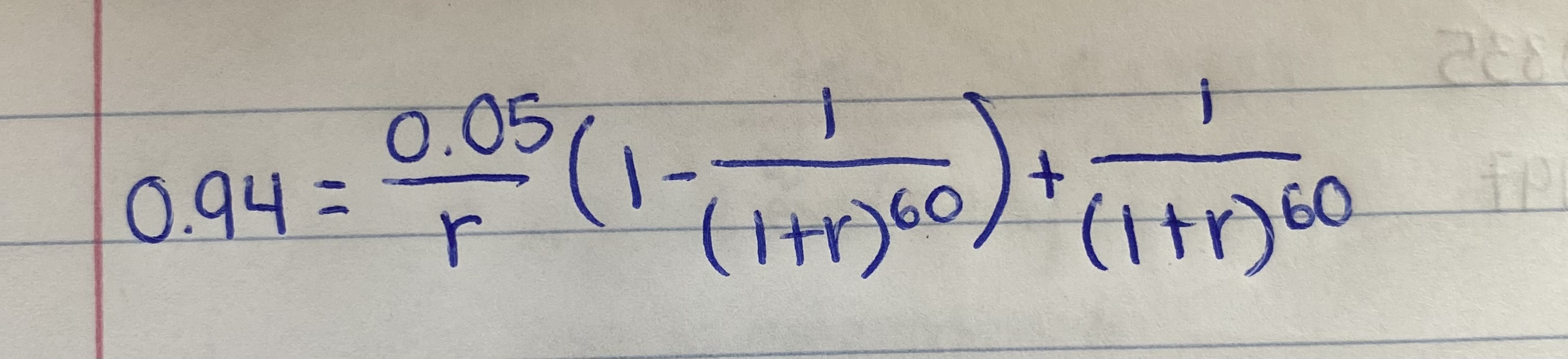Solved 0.94=0.05r(1-1(1+r)60)+1(1+r)60Solve for r | Chegg.com