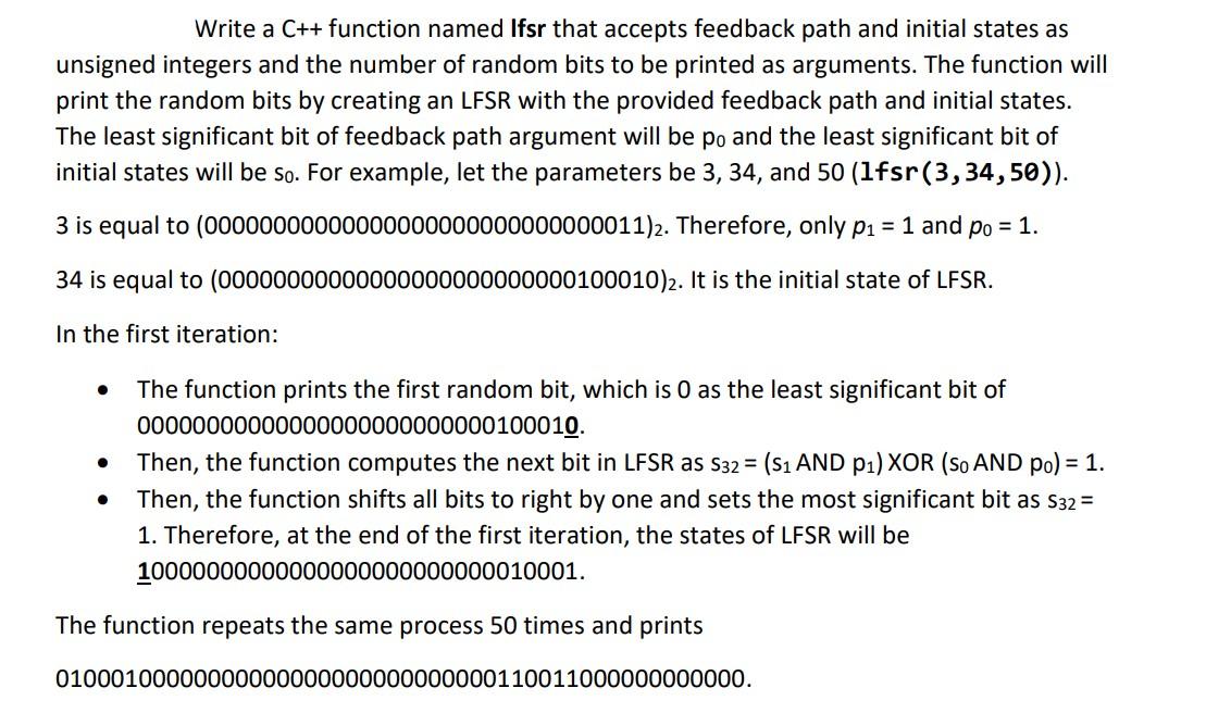 Solved Write a C++ function named Ifsr that accepts feedback | Chegg.com