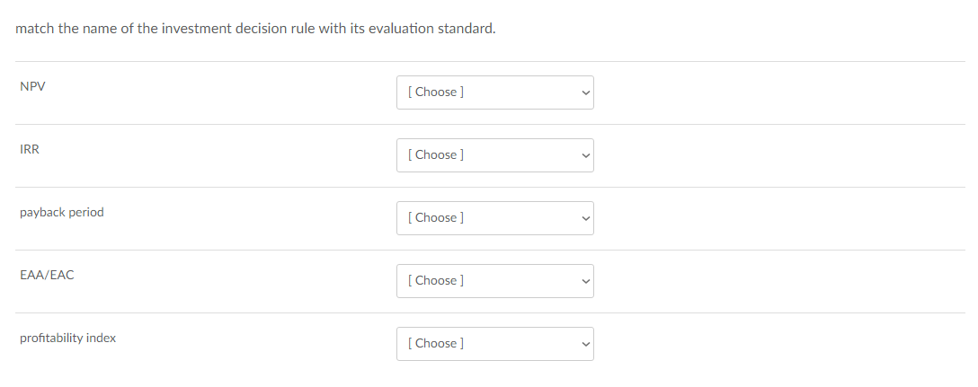 Solved match the name of the investment decision rule with | Chegg.com