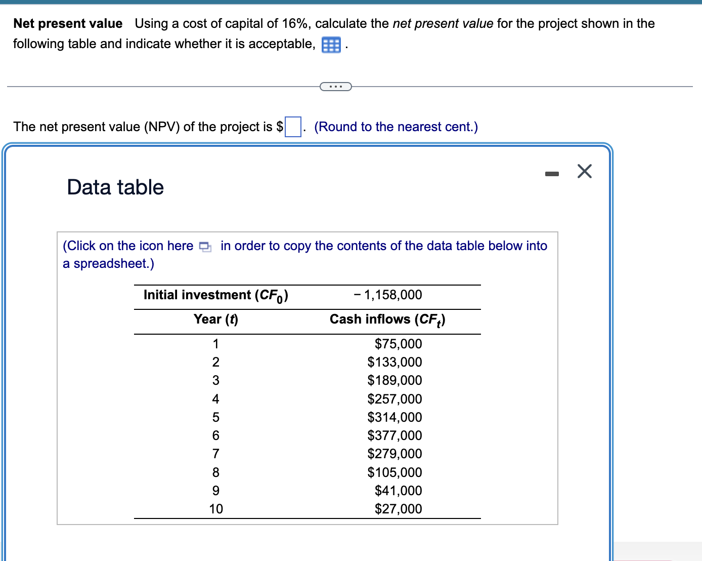 Solved Net present value Using a cost of capital of 16%, | Chegg.com