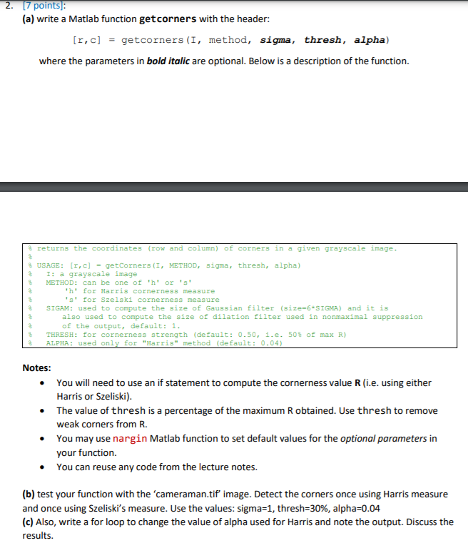 2. 17 points]: (a) write a Matlab function getcorners | Chegg.com