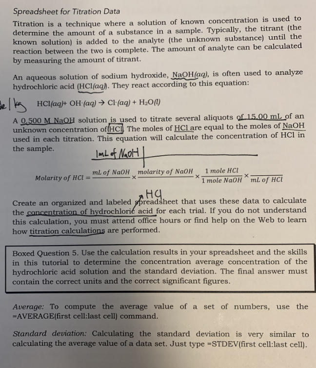 Spreadsheet for Titration Data Titration is a | Chegg.com