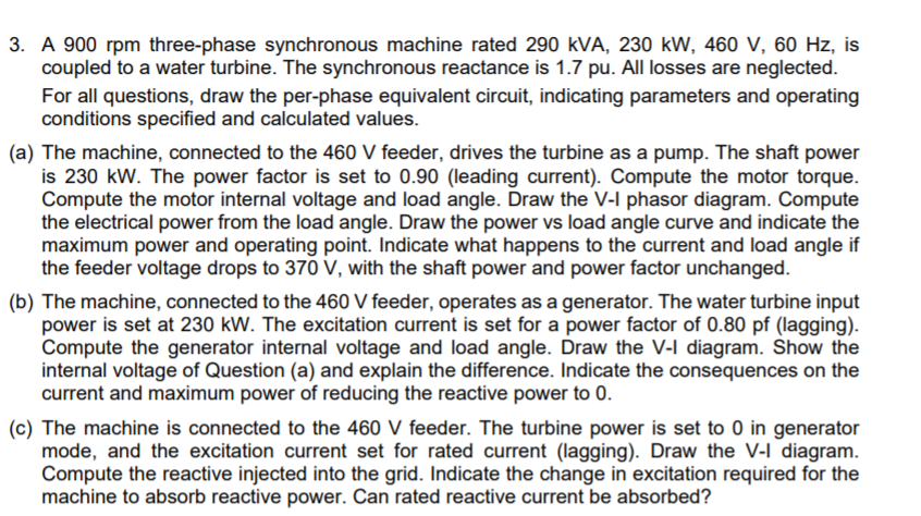 Solved 3. A 900 rpm three-phase synchronous machine rated | Chegg.com