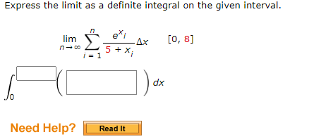 Solved Express the limit as a definite integral on the given | Chegg.com