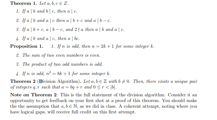Solved Theorem 1. Let a,b,c EZ. 1. If a b and bc, then a C. | Chegg.com