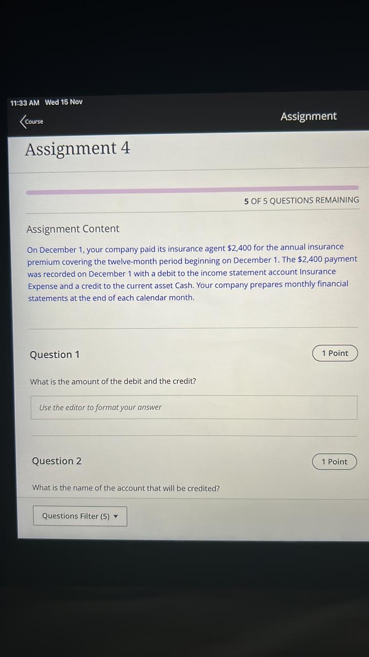 Solved Assignment Content On December 1, your company paid | Chegg.com