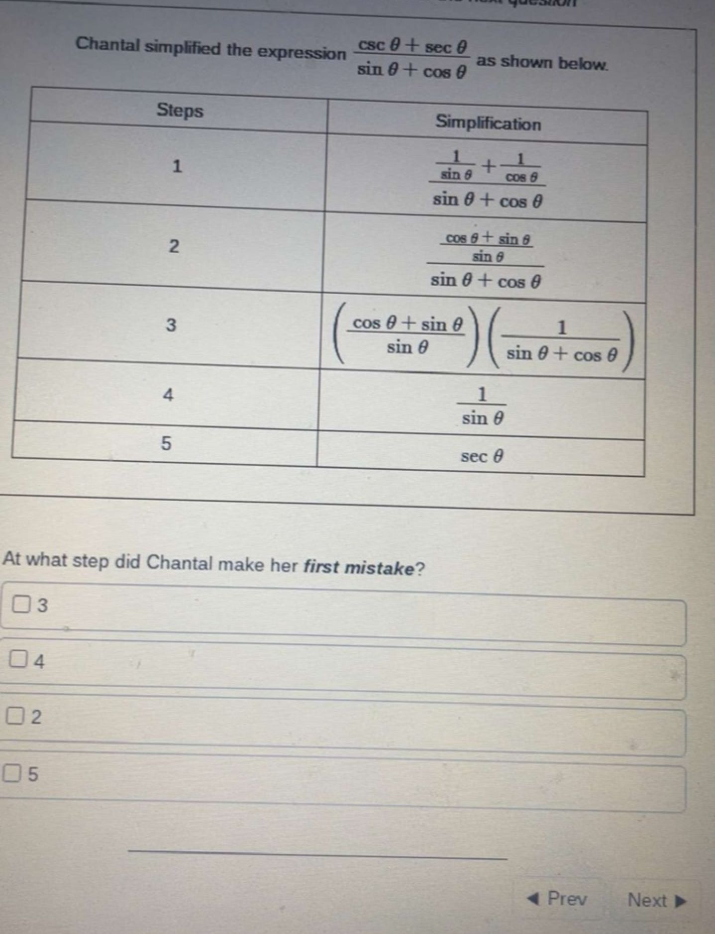 Solved Chantal simplified the expression cscθ+secθsinθ+cosθ | Chegg.com