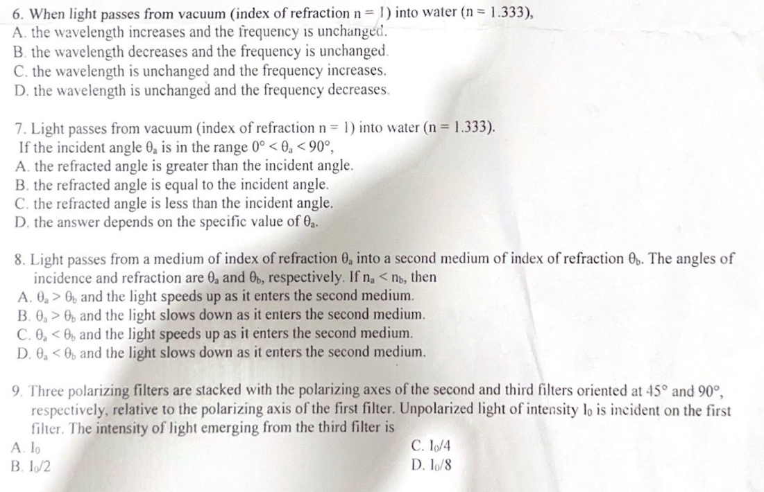Solved 6. When light passes from vacuum (index of refraction | Chegg.com
