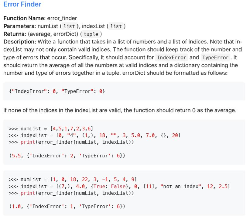 Solved Error Finder Function Name: error_finder Parameters: | Chegg.com