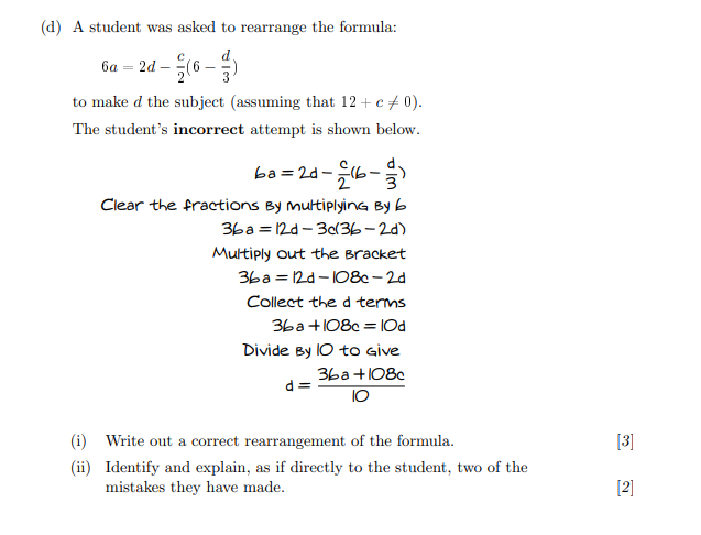 Solved (d) A student was asked to rearrange the formula: | Chegg.com