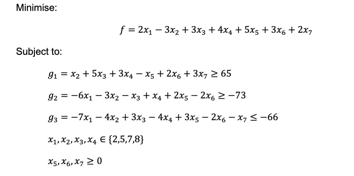 Minimise: f=2x1−3x2+3x3+4x4+5x5+3x6+2x7 Subject to: | Chegg.com