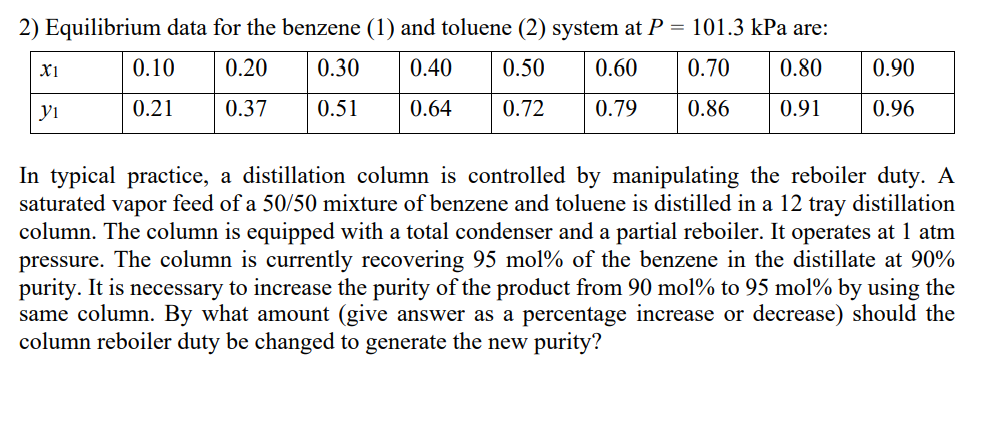 Solved 2) Equilibrium data for the benzene (1) and toluene | Chegg.com